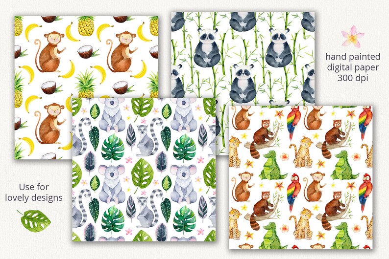 Jungle Animals Digital Paper. Watercolor Safari Scrapbook - Etsy