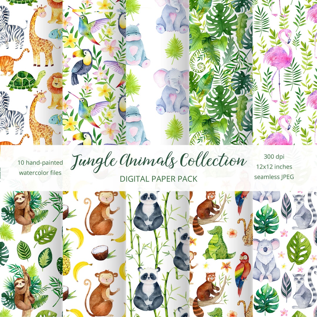 Jungle Animals Digital Paper. Watercolor Safari Scrapbook Pattern ...