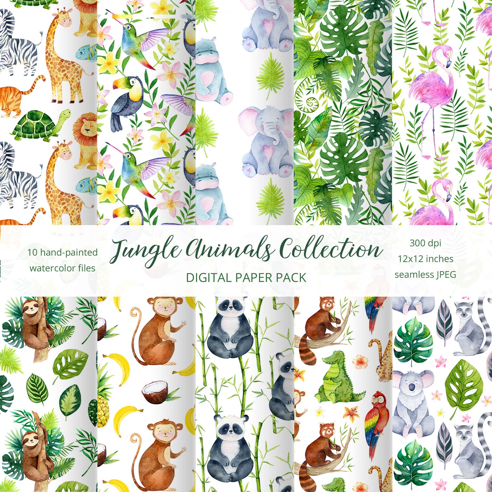 Jungle Animals Digital Paper. Watercolor Safari Scrapbook - Etsy