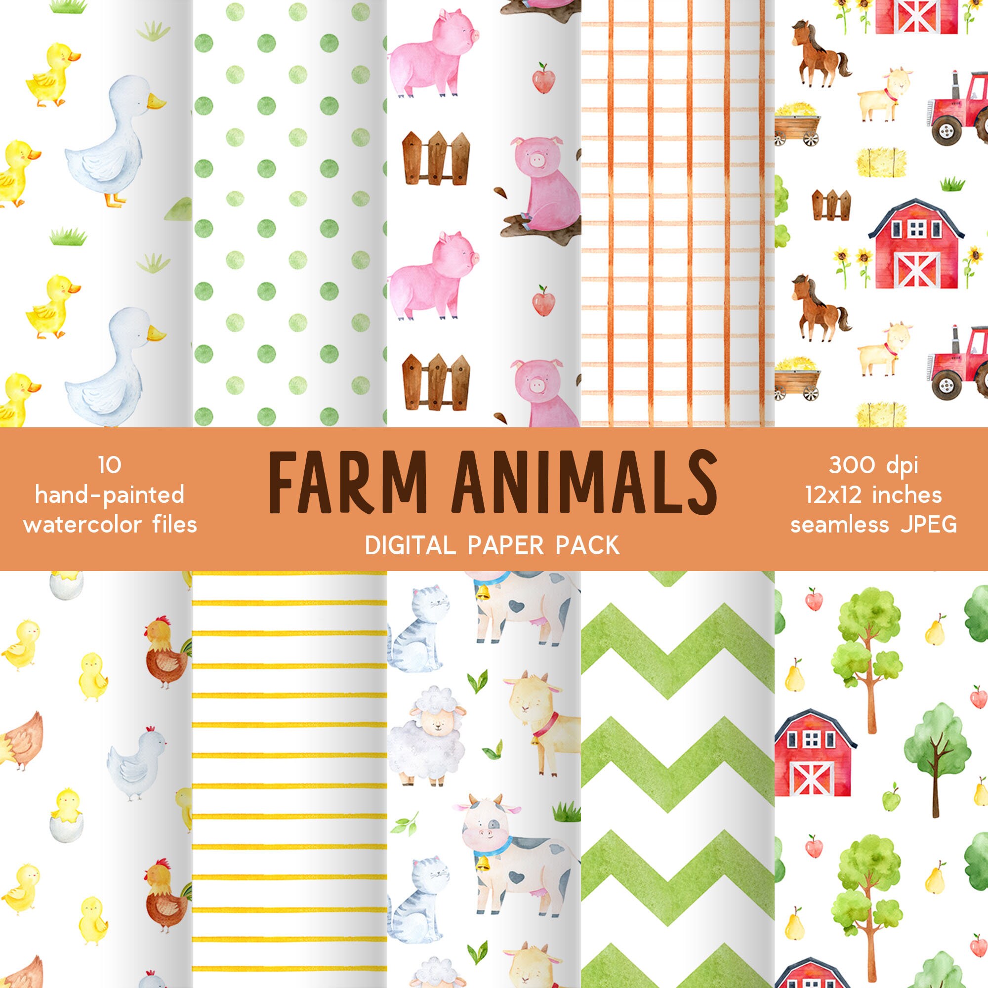 Watercolor Farm Animal Digital Paper Cute Baby Animal - Etsy
