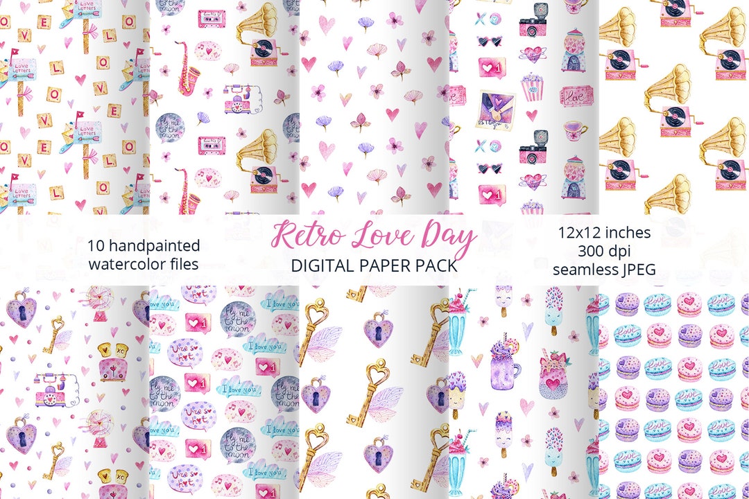 Valentine Day Digital Paper Watercolor, Love Heart Paper Pack, Flower ...