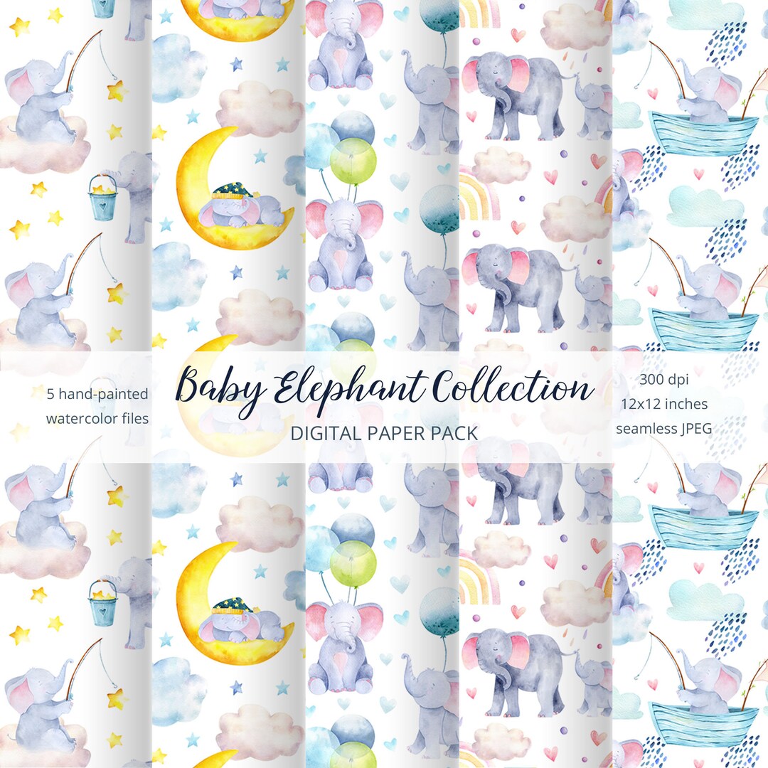 Baby Elephant Digital Paper Pack. Cute Elephants Printable Papers. Moon ...