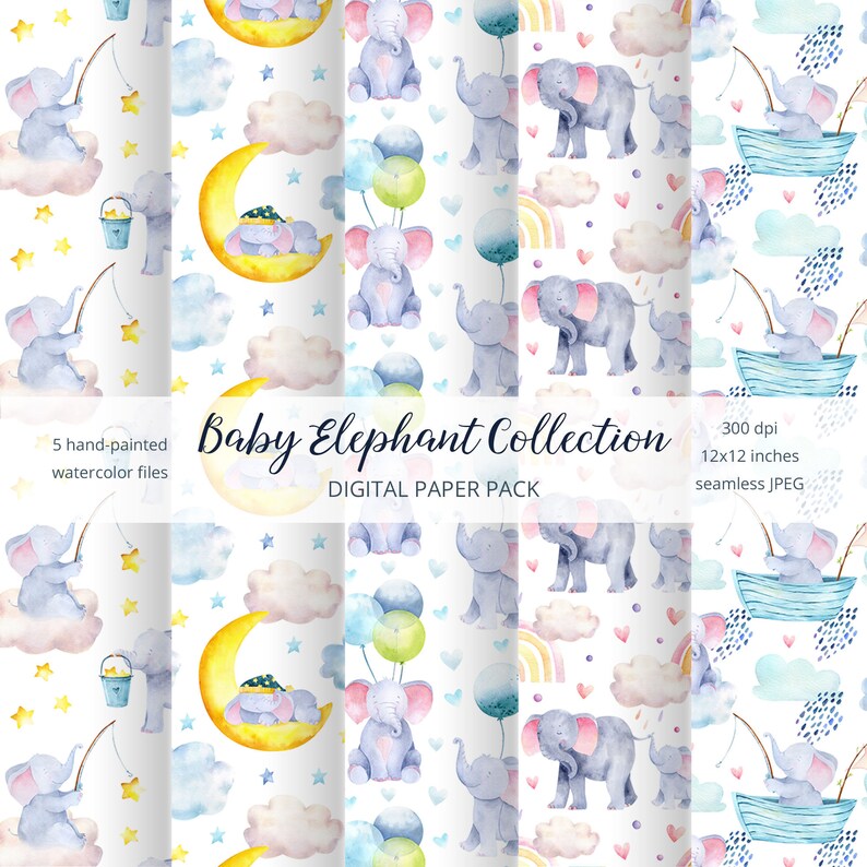 Baby Elephant Digital Paper Pack. Cute Elephants Printable - Etsy