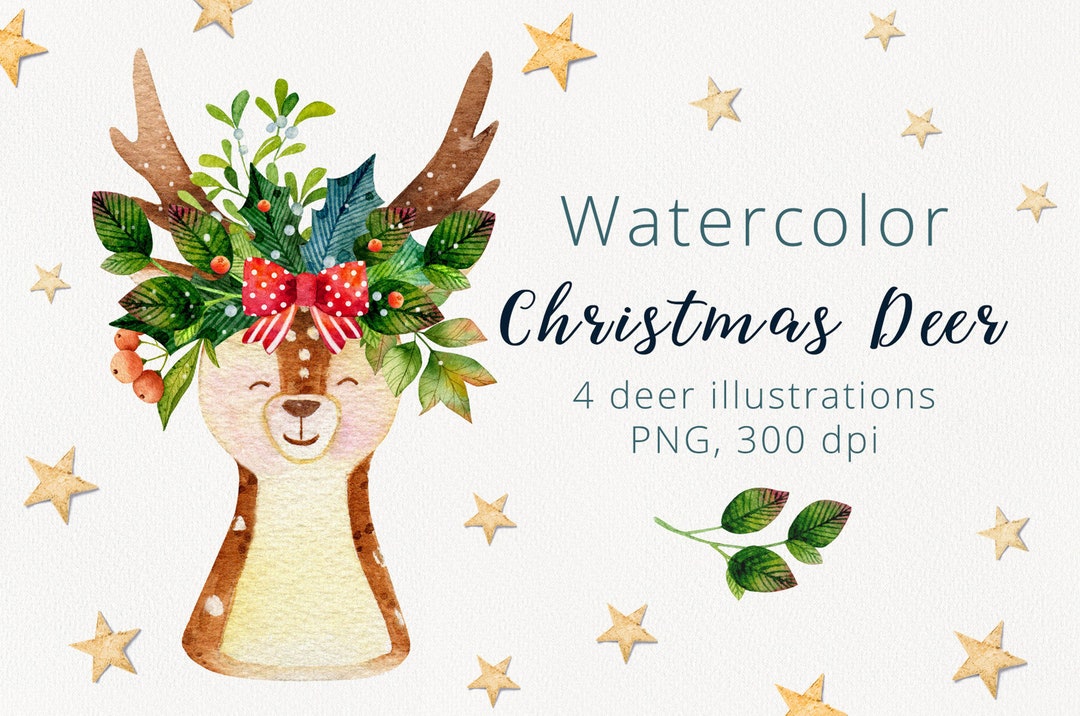 Christmas Deer, Watercolor Christmas Wreath, Holiday Reindeer, Winter ...