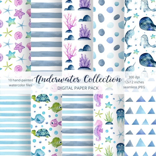 Watercolor Sea Digital Paper Pack. Ocean Seamless Patterns. | Etsy