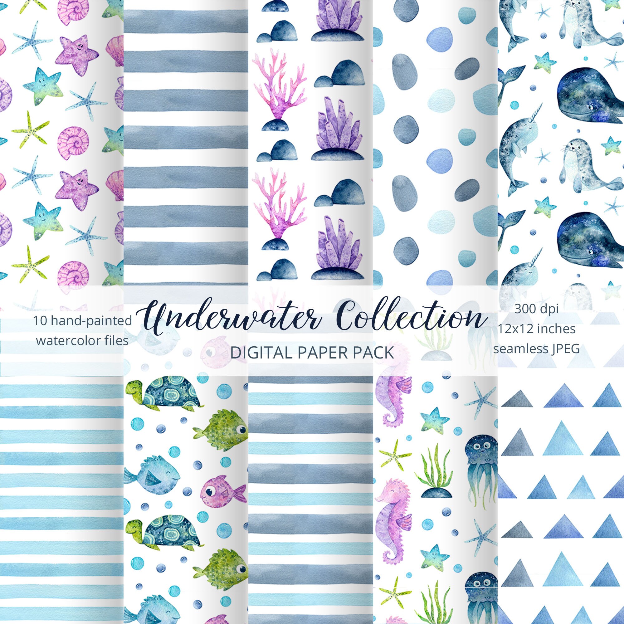 Watercolor Sea Digital Paper Pack. Ocean Seamless Patterns. | Etsy