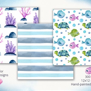 Watercolor Sea Digital Paper Pack. Ocean Seamless Patterns. Under the ...