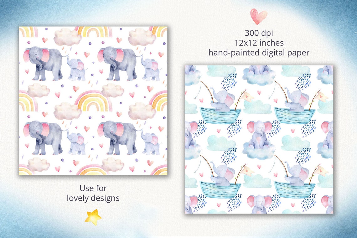 Baby Elephant Digital Paper Pack. Cute Elephants Printable - Etsy
