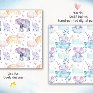 Baby Elephant Digital Paper Pack. Cute Elephants Printable Papers. Moon ...