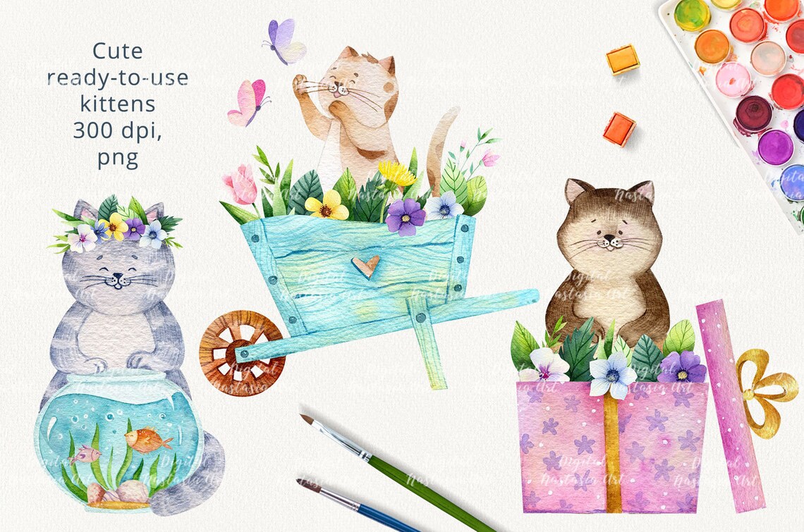 Cat Watercolor Floral Clipart. Cute Kitten Clip Art. Spring - Etsy