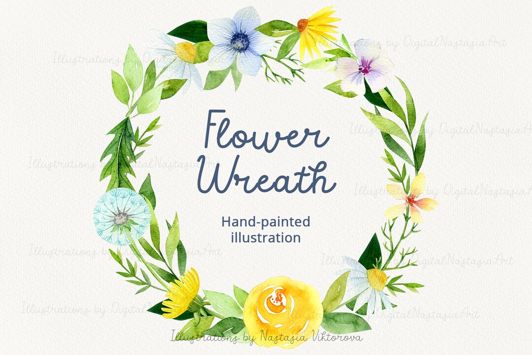Watercolor Floral Greenery Clipart, Wildflower Summer Wreath, Yellow ...