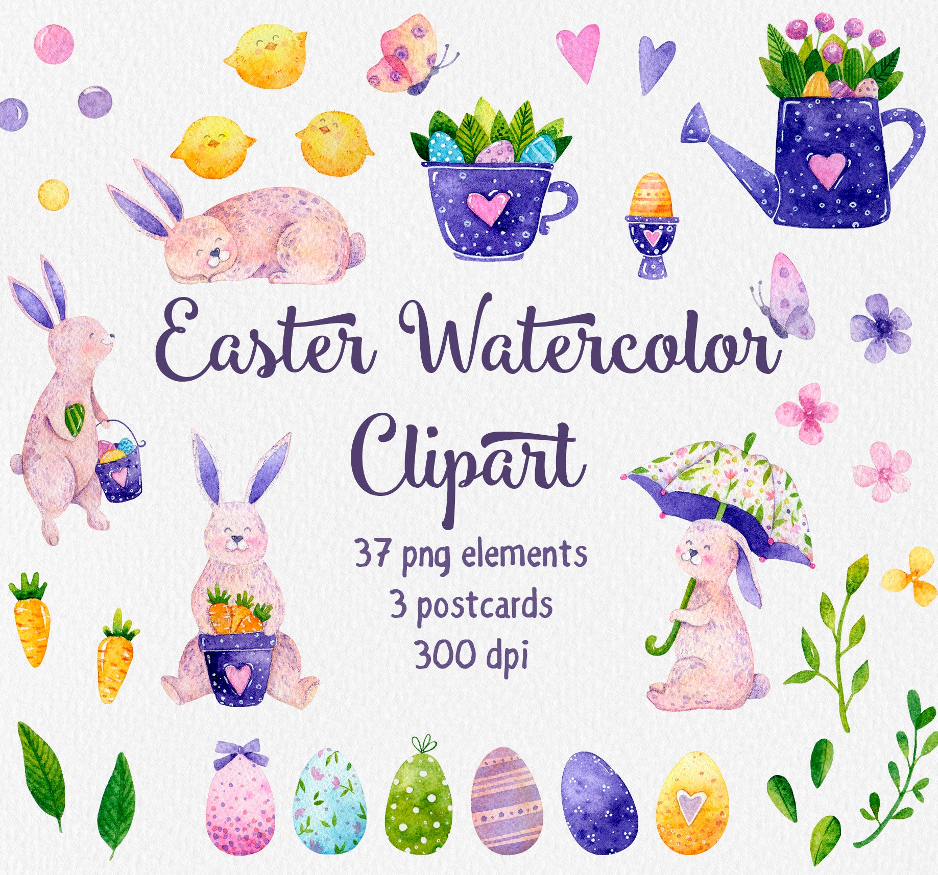Watercolor Easter Clipart Easter Egg and Bunnies Bunny Set - Etsy