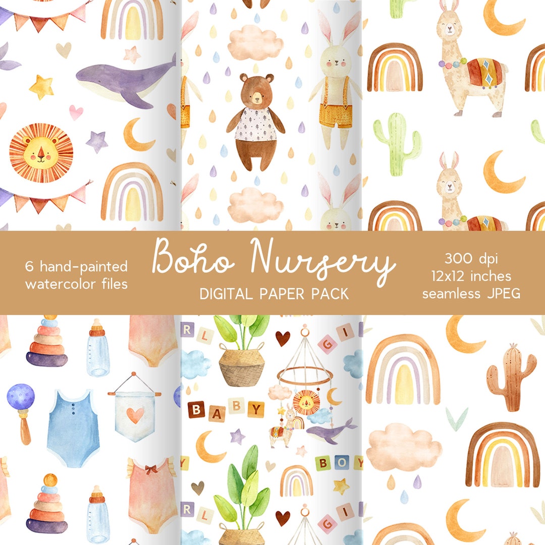 Boho Digital Paper, Nursery Seamless Pattern Clipart, Bohemian Rainbow ...