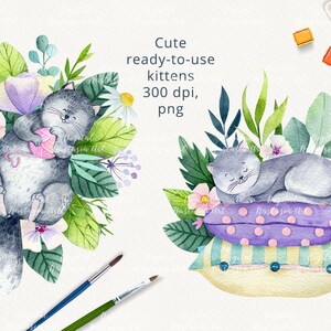 Cat Watercolor Floral Clipart. Cute Kitten Clip Art. Spring and Summer ...
