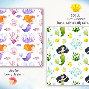 Mermaid and Sea Digital Paper Pack. Watercolor Ocean Animals Seamless ...