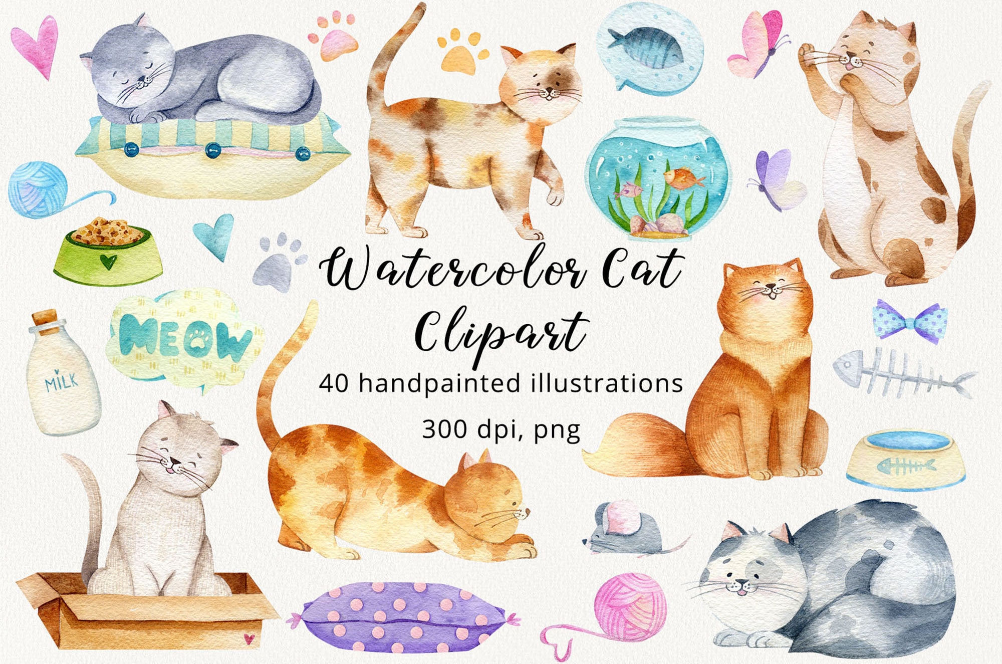 Cat Watercolor Clipart. Kittens Clip Art. Cute Cats Png. - Etsy