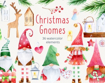 Christmas Gnome Watercolor Clipart Scandinavian Gnomes - Etsy