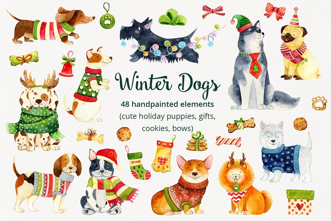 Christmas Dog Clipart Watercolor Dog Winter Dog Clip Art | Etsy