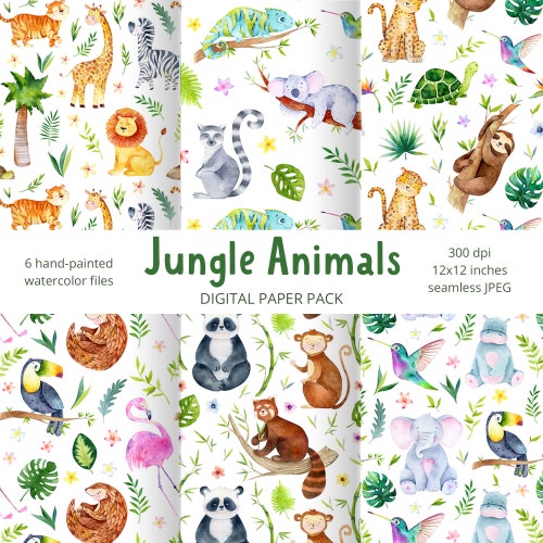 Jungle Animals Digital Paper. Watercolor Safari Scrapbook - Etsy