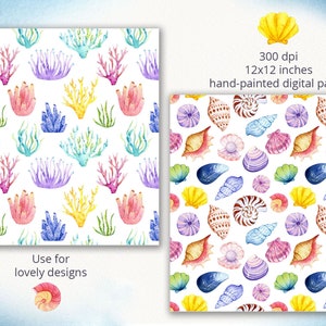 Mermaid and Sea Digital Paper Pack. Watercolor Ocean Animals Seamless ...