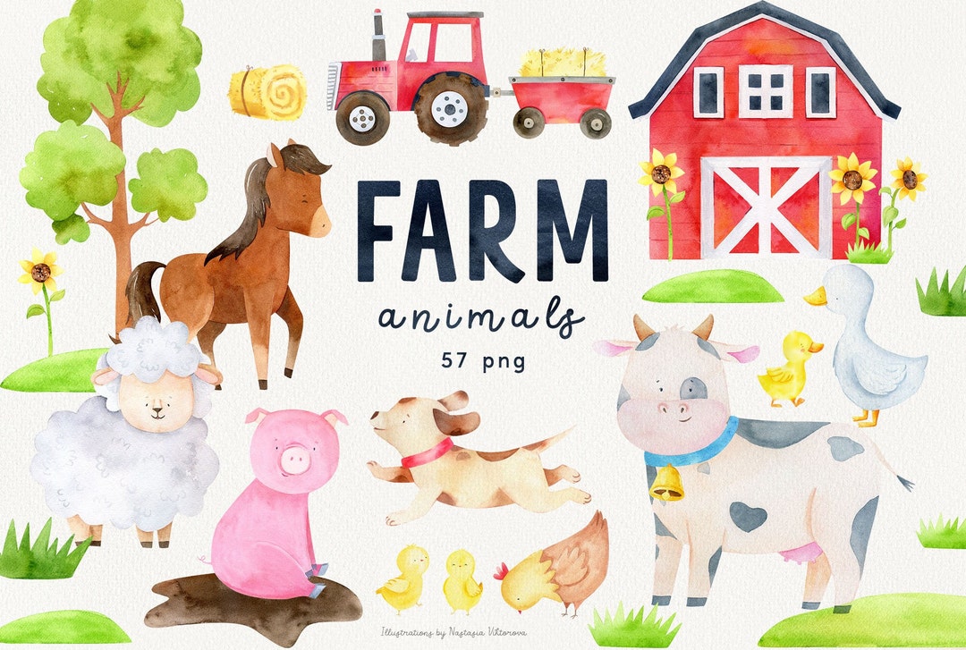 Watercolor Farm Animal Clipart, Baby Shower Farm Png, Red Tractor, Cow ...
