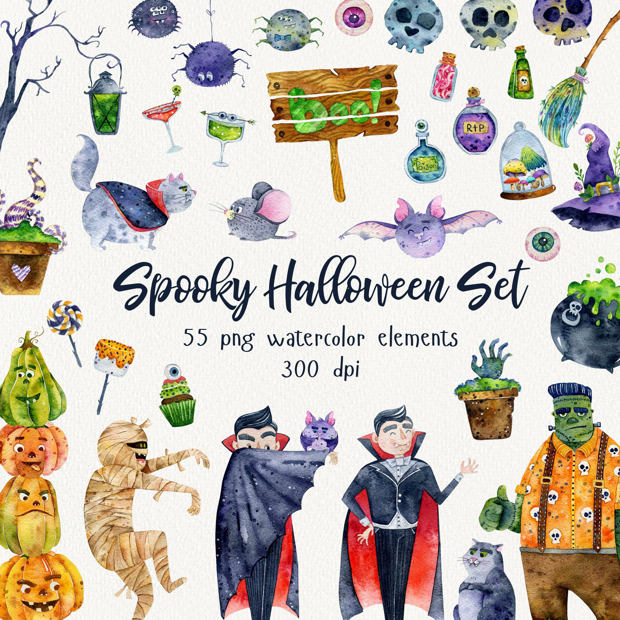 Halloween Watercolor Clipart Monster Clipart Halloween | Etsy