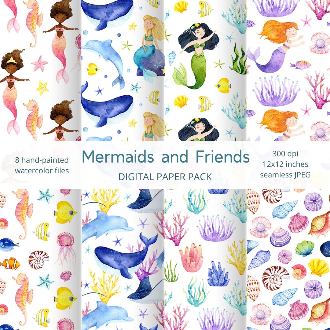 Mermaid and Sea Digital Paper Pack. Watercolor Ocean Animals Seamless ...
