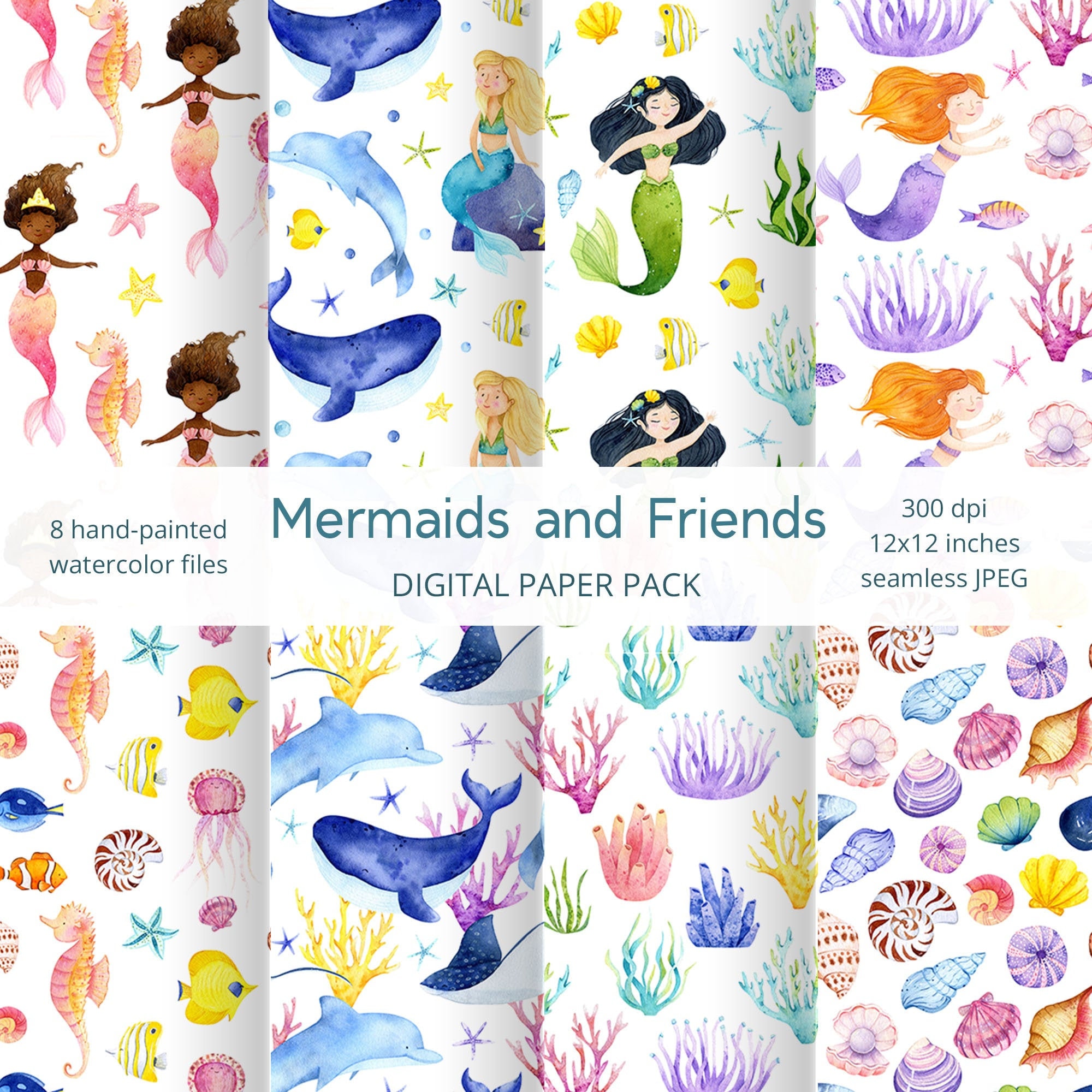 Mermaid and Sea Digital Paper Pack. Watercolor Ocean Animals - Etsy