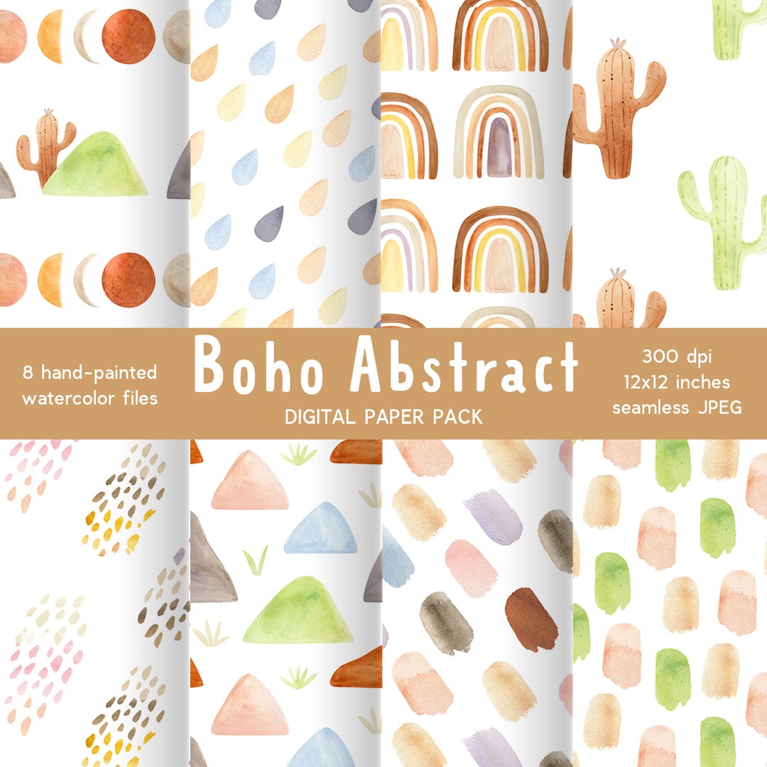 Boho Digital Scrapbook Paper, Modern Landscape Clipart, Moon Phase ...