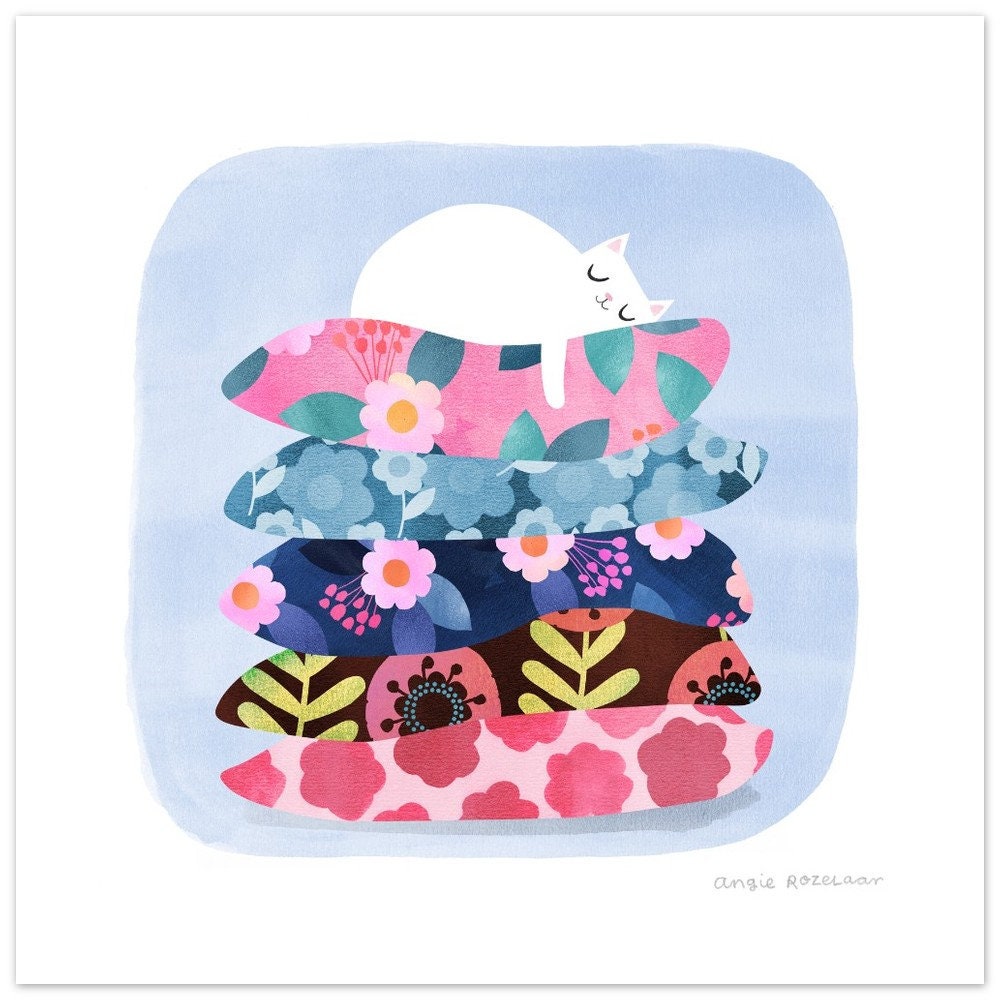 Cat Nap blue and Pink by Angie Rozelaar Premium Paper Cat - Etsy