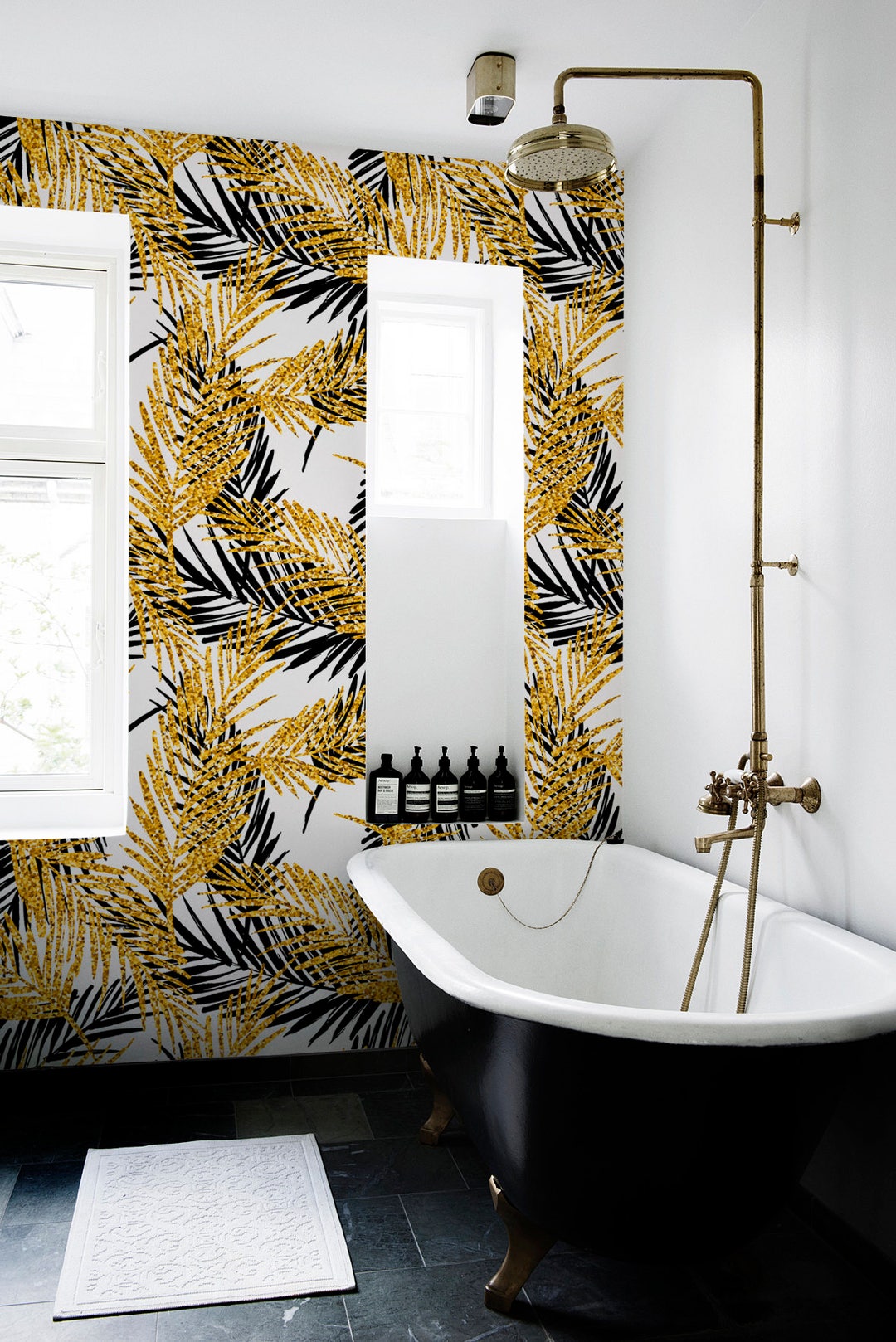 Tropical Plants Removable Wallpaper, Traditional, Gold Blue Print Wall ...
