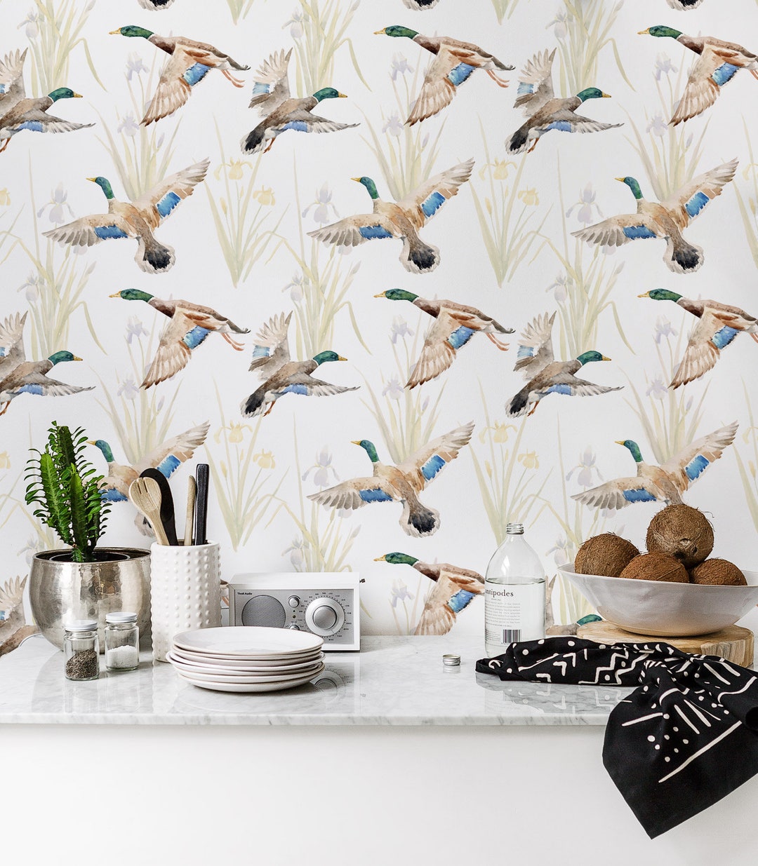Watercolor Ducks Removable Wallpaper - Traditional - White Print Wall ...