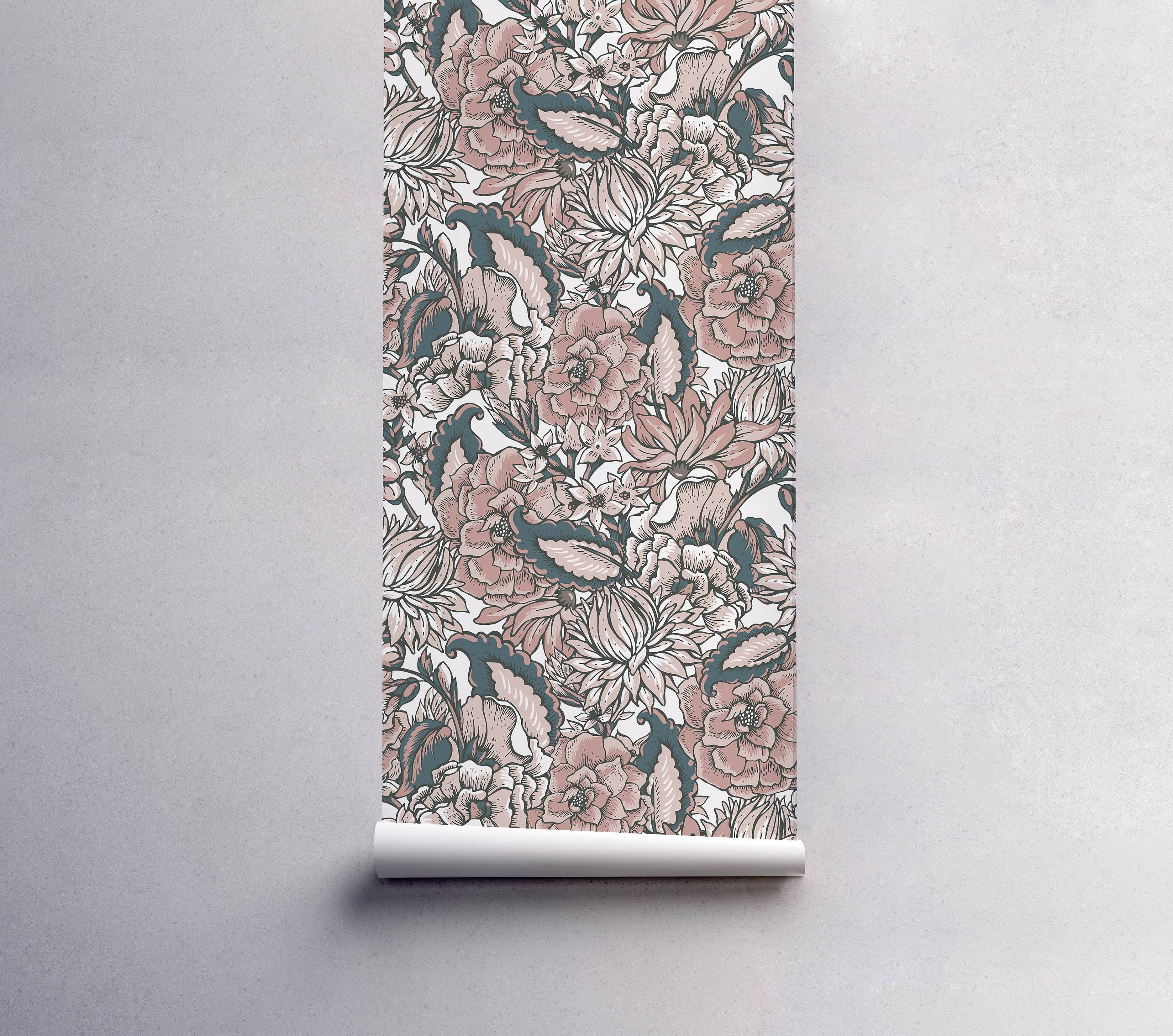 Pink Flowers Traditional Wallpaper Wall Covering Removable | Etsy