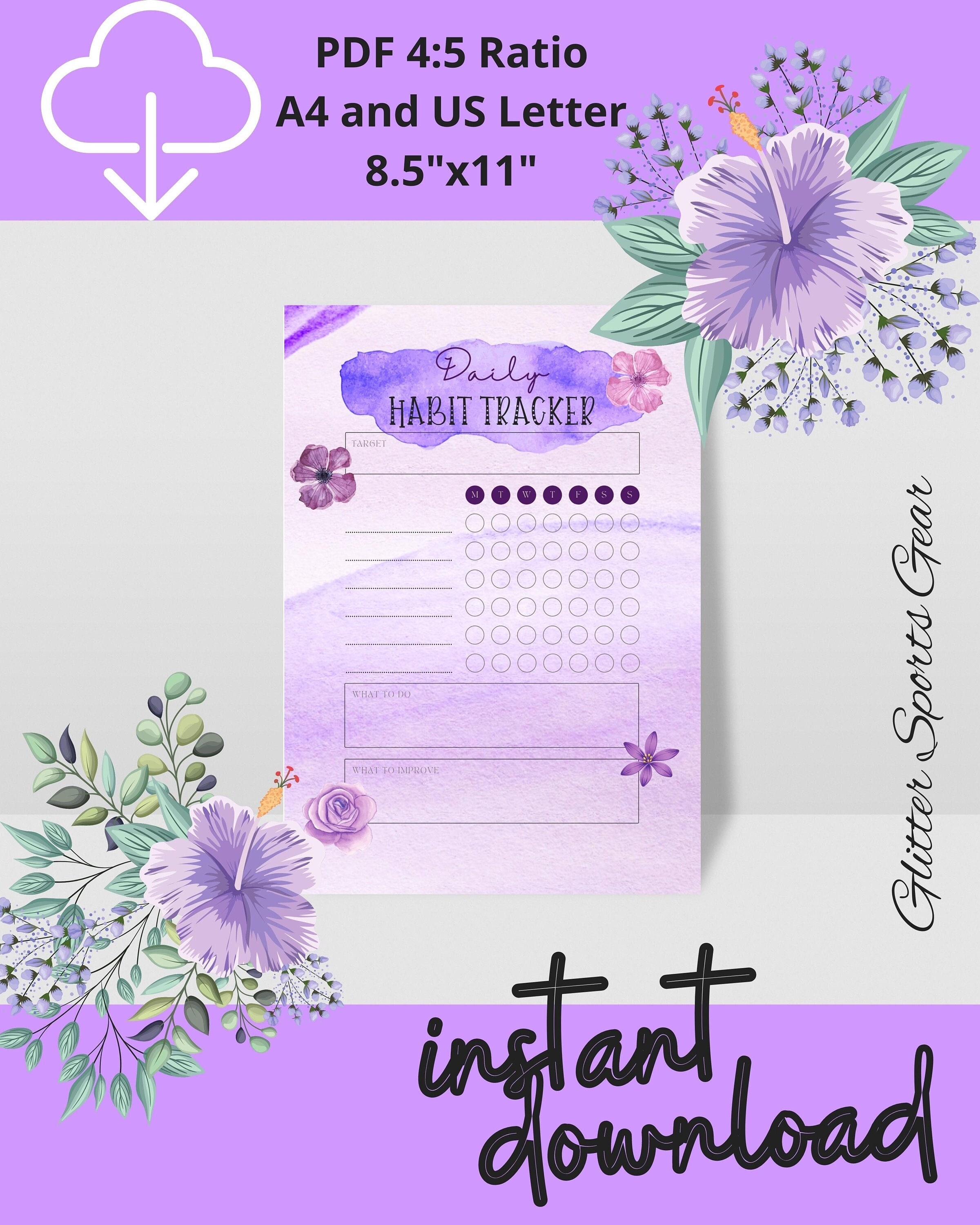 PRINTABLE Elegant Purple Watercolor Floral Daily Habit Tracker INSTANT ...