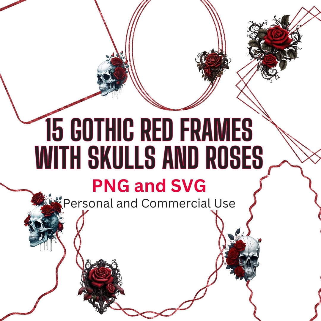 Gothic Red Frames With Skulls & Roses in PNG and SVG Format, Halloween ...