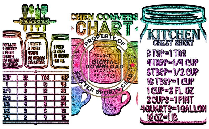 Kitchen Conversion Bundle (3) Measurement Cheat Sheets, Printable ...