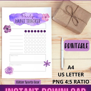 Purple Watercolor PRINTABLE Floral Daily Habit Tracker INSTANT DOWNLOAD ...