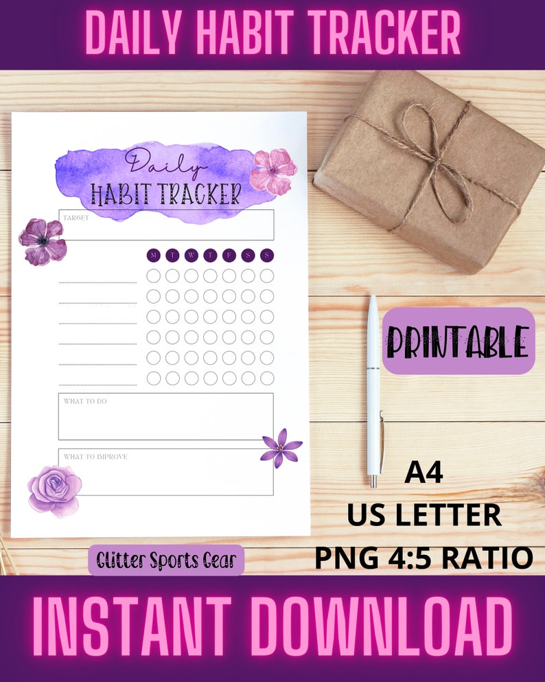 Purple Watercolor PRINTABLE Floral Daily Habit Tracker INSTANT DOWNLOAD ...