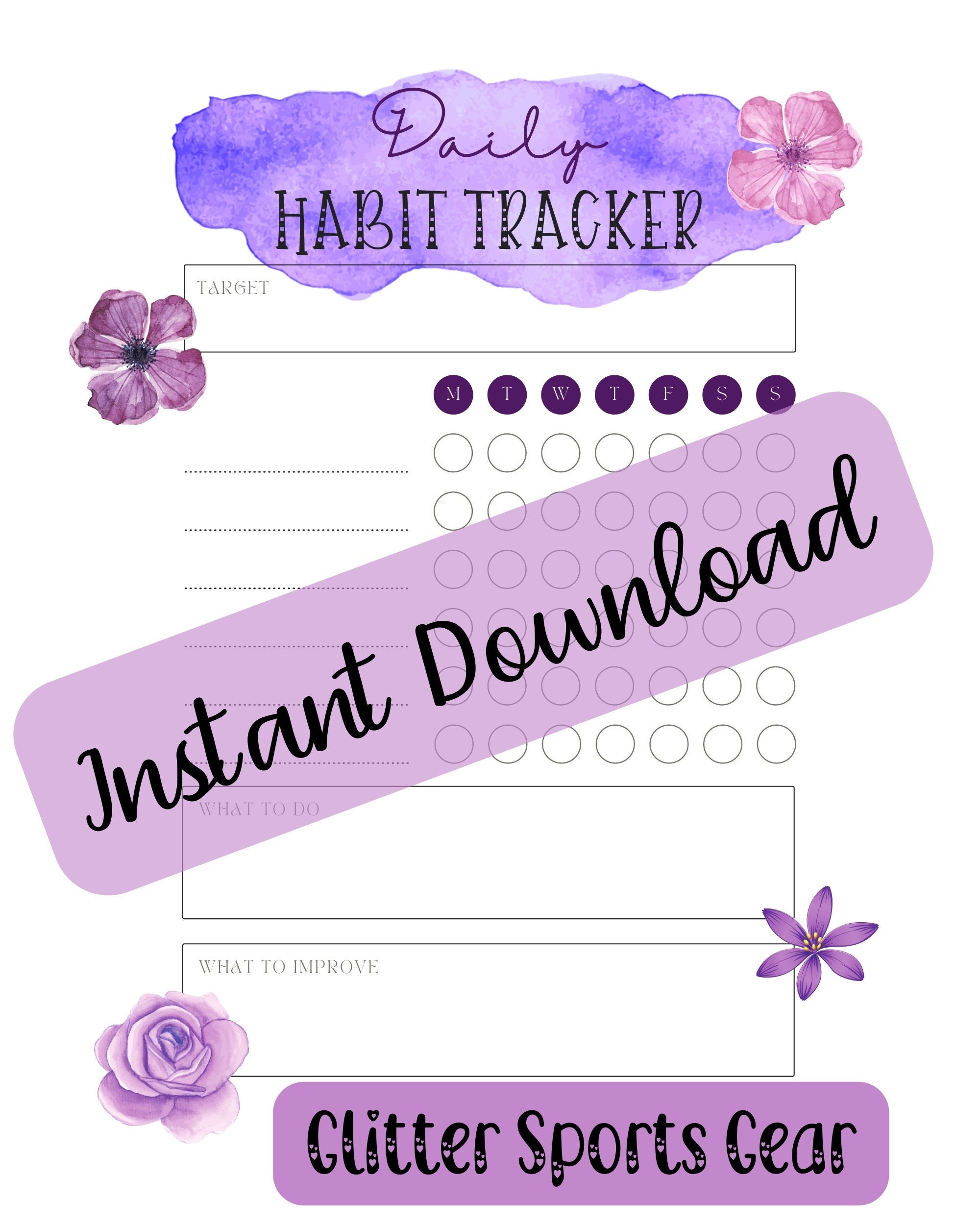 Purple Watercolor PRINTABLE Floral Daily Habit Tracker INSTANT DOWNLOAD ...