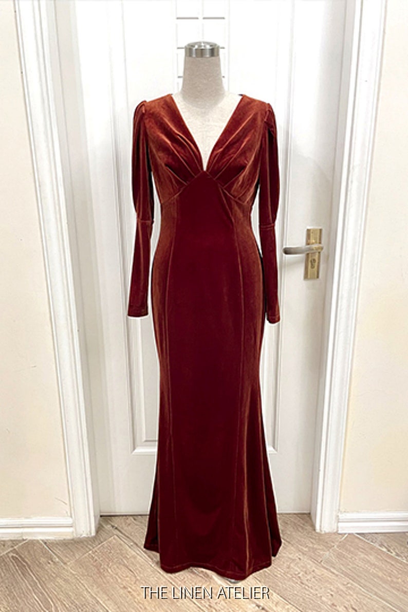 Rust Velvet Long Sleeve Gown | V-neck Bridesmaid Dress - Etsy