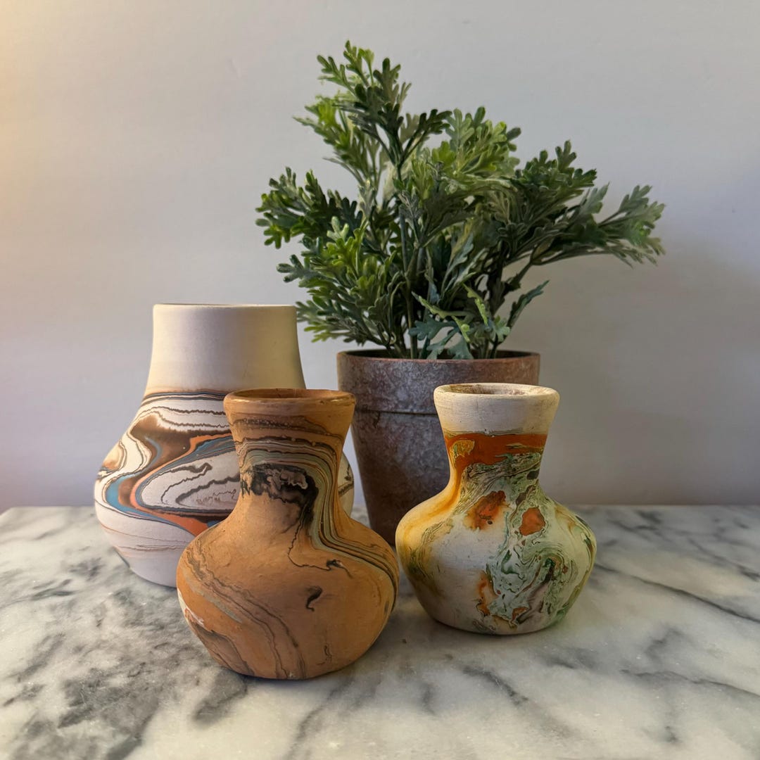 Vintage Trio of Nemadji Pottery Vases, Colourful Hand Painted Vessels ...