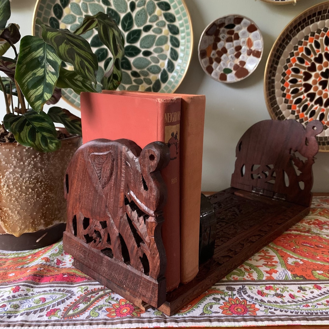 Vintage Carved Wood Book Holder/ Elephants/ Made in India / Expanding ...