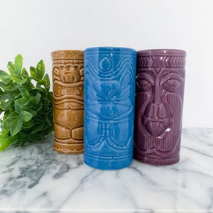 Vintage Trio of Hawaiian Tiki Cups, Blue, Gold, Purple Accoutrements ...