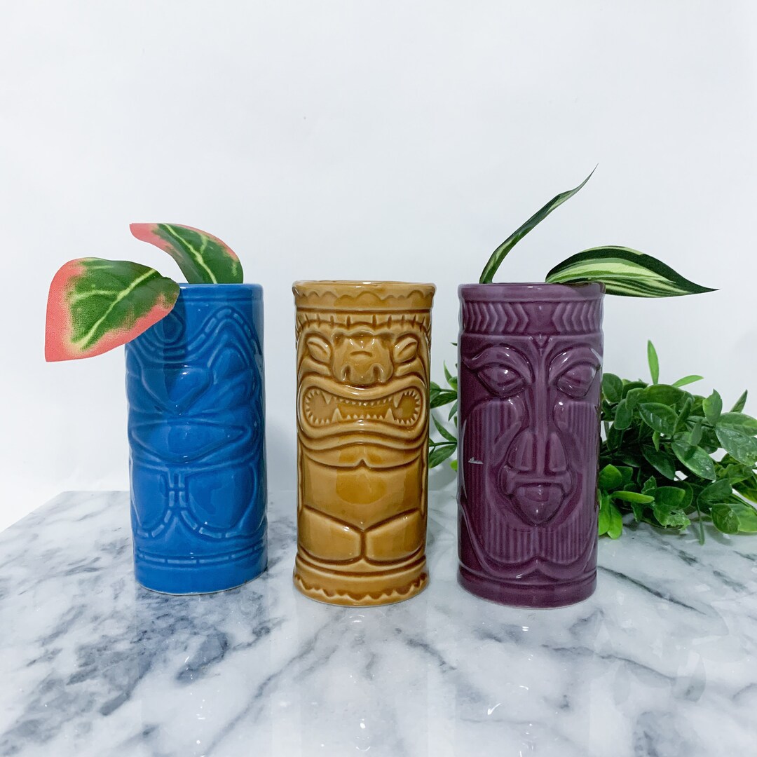 Vintage Trio of Hawaiian Tiki Cups, Blue, Gold, Purple Accoutrements ...