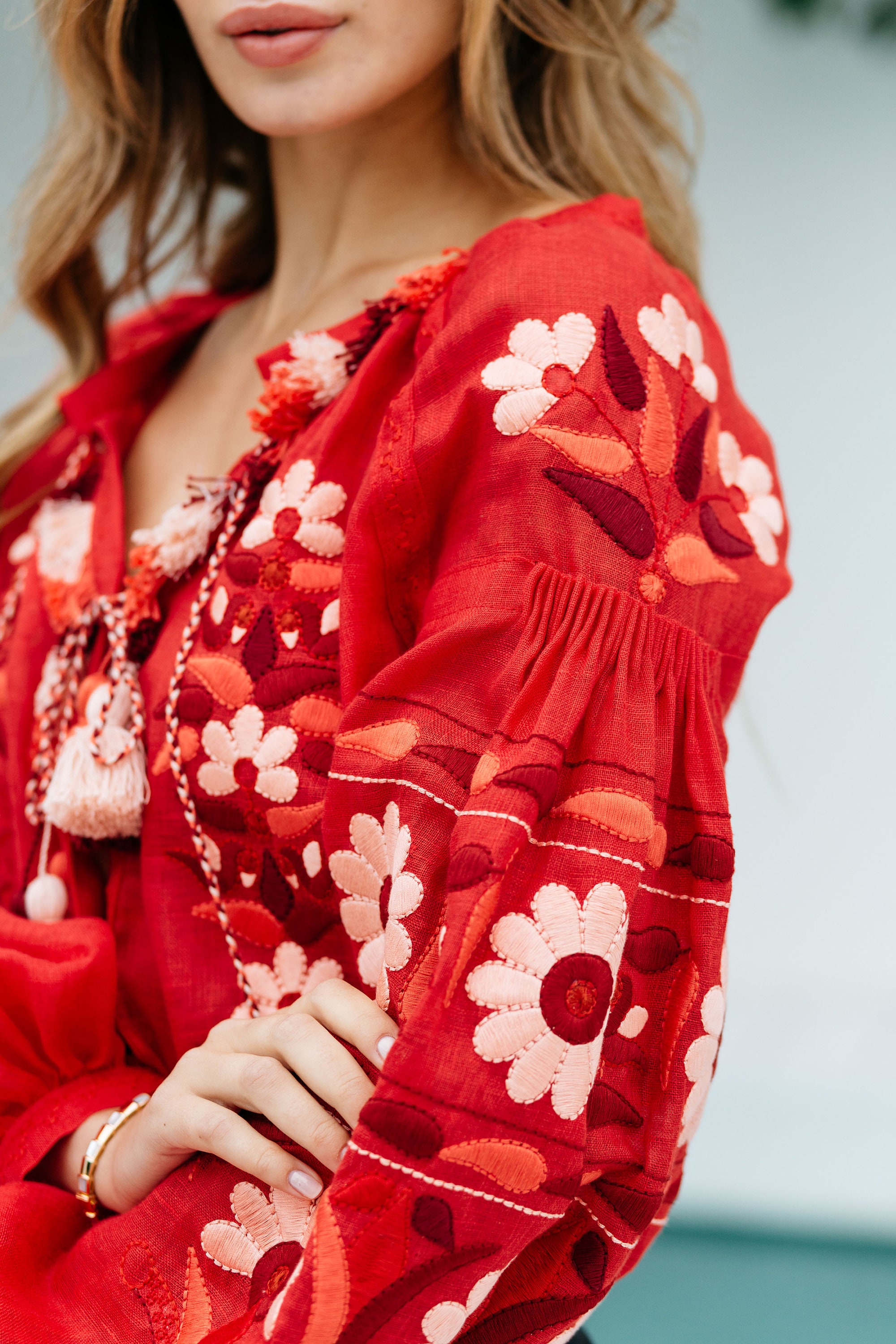 Red Boho Blouse Top Gauze Embroidered Linen Blouse With Custom | Etsy