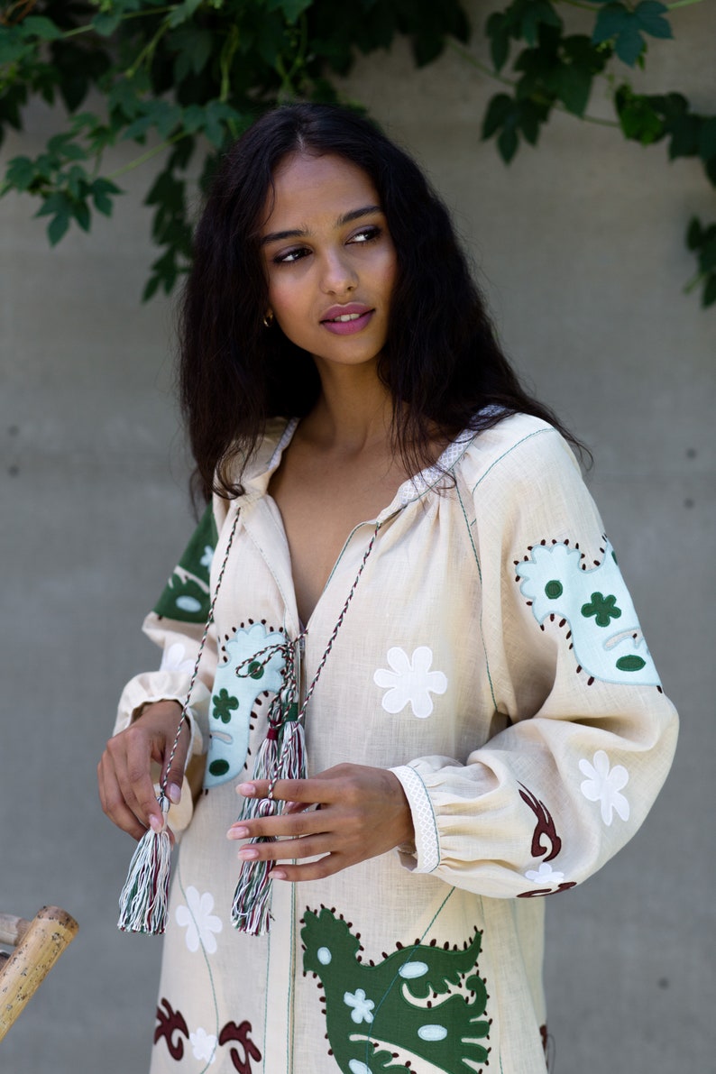 Parrots Embroidered Dress Applique Linen Boho Dresses - Etsy