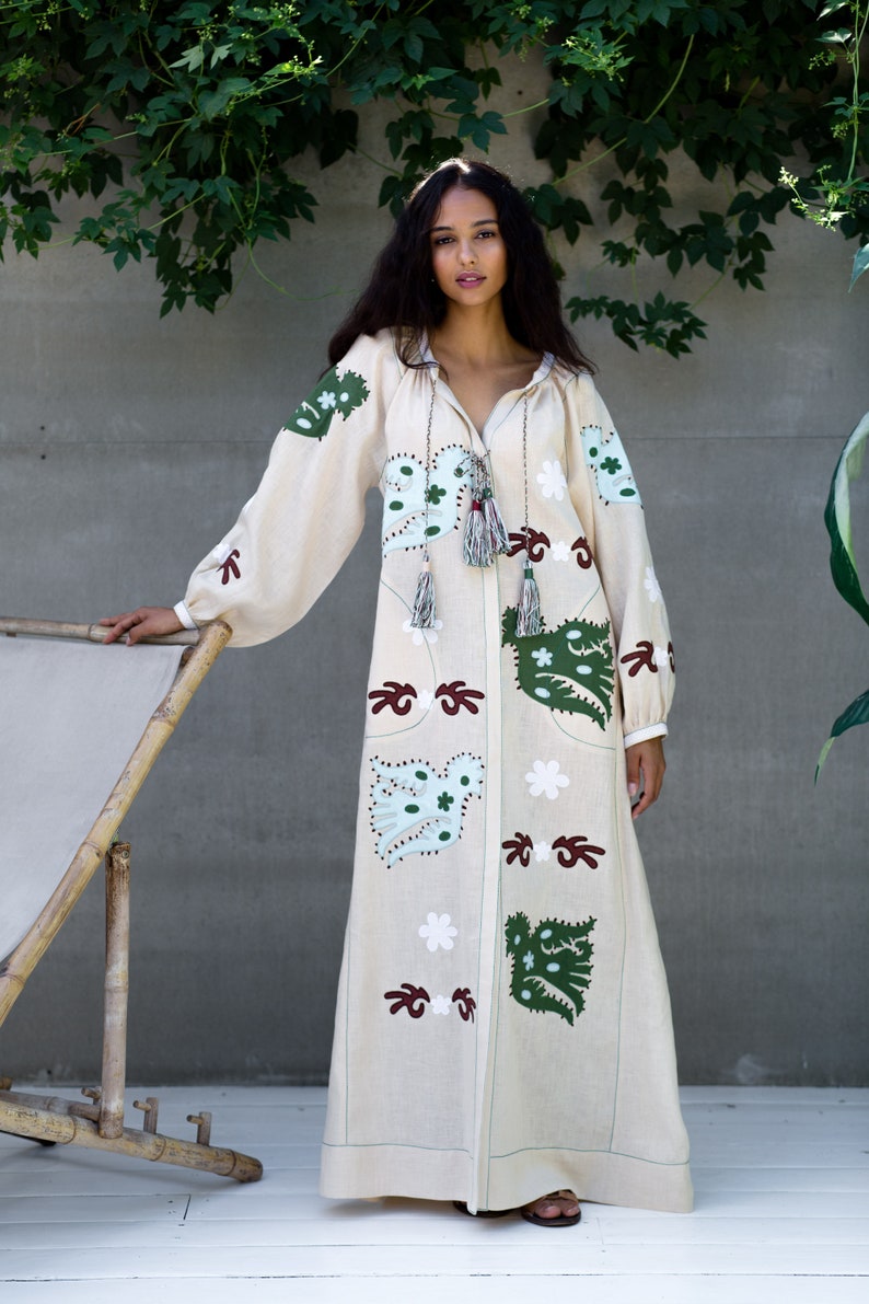 Parrots Embroidered Dress Applique Linen Boho Dresses - Etsy