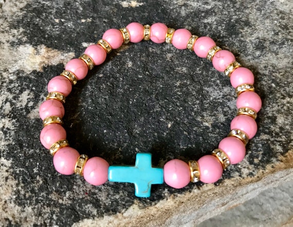 Pink Natural Stone Cross Bracelet Sideways Cross Bracelet Natural Stone Bracelet Christian Jewelry Rhinestone Cross Bracelets