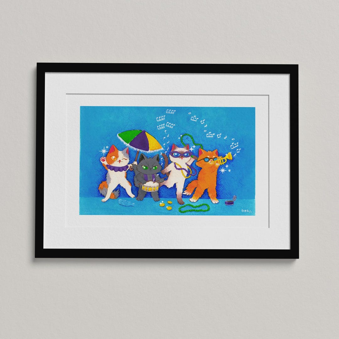 New Orleans Cat Parade Art Print - Kitty Band Second Line - Feline Funk ...