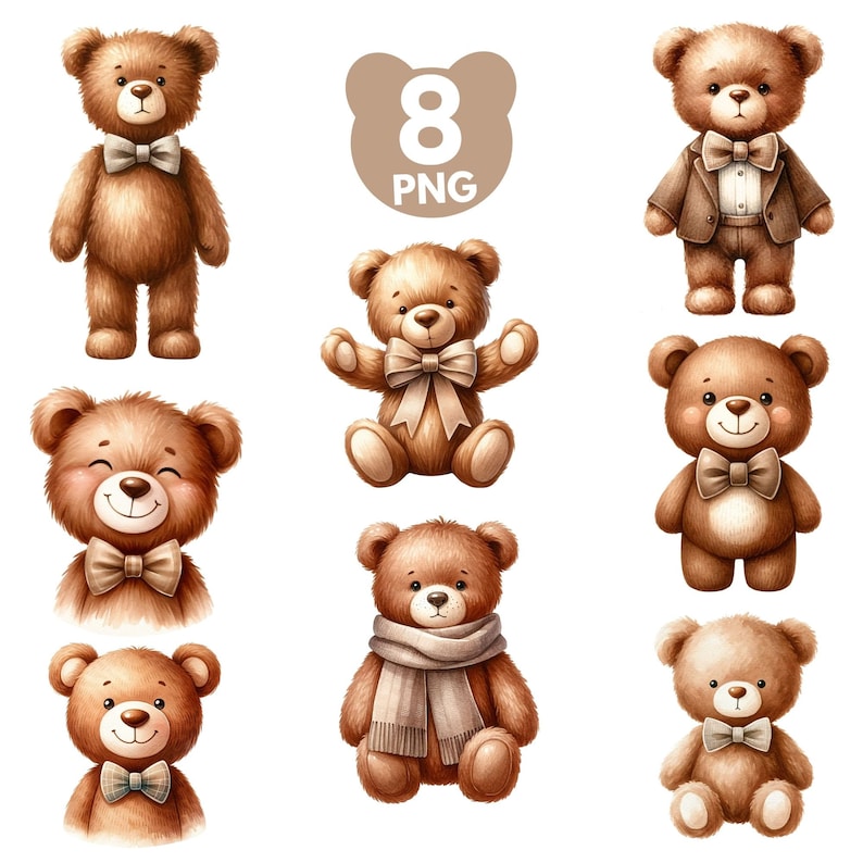 8 Teddy Bear Watercolor Clipart, Printable Teddy Bears, Baby Shower ...